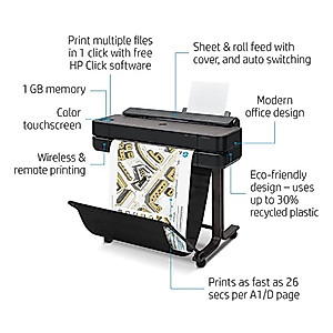 HP DesignJet T650,Color Large Format 24-inch Plotter Printer, Includes 2-Year Warranty Care Pack (5HB08H) ,Black