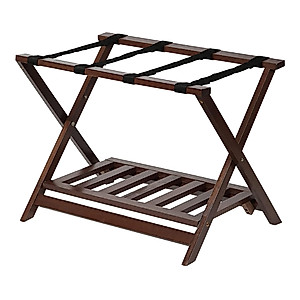 PJ Wood Portable Hotel Style Solid Wooden Folding Luggage Rack with Bottom Shoe Storage Shelf for House Guests or Travel, Walnut (2 Pack)