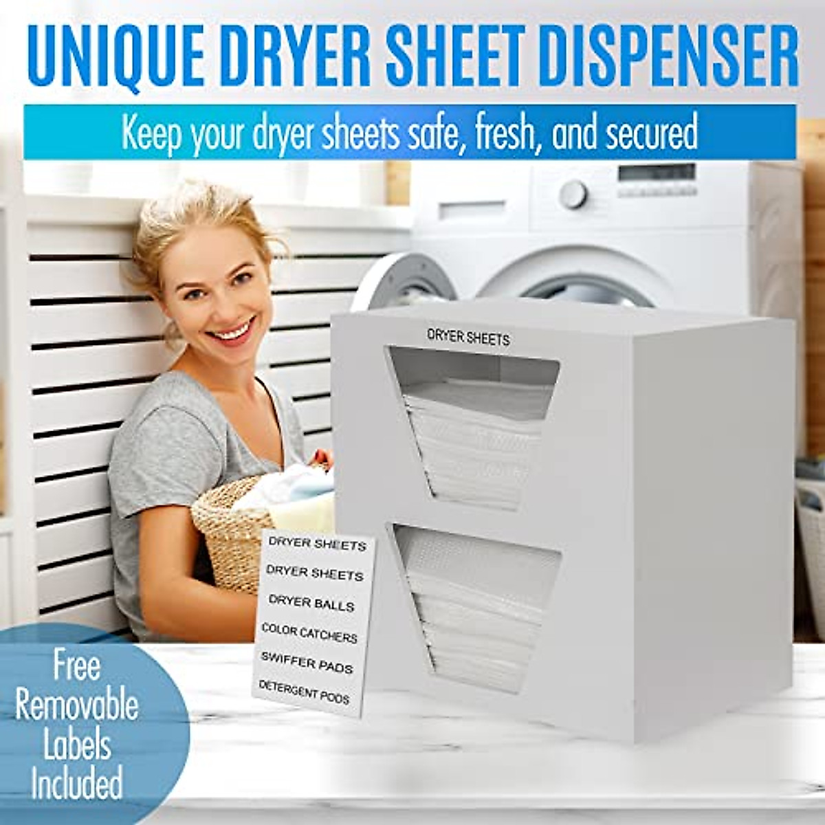 SEREIINO Wooden Dryer Sheet Holder - Modern Farmhouse Decor Laundry organizer - Rustic Dryer Sheets Dispenser Container - Laundry Room Storage and Accessories For Fabric or Softener Sheet Countertop