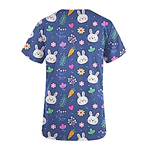 Scrub Tops for Women Easter Bunny Eggs Working Uniform Stretchy Scrub Dressy Cute Top Plus Size V Neck Tunic Undershirt Blue
