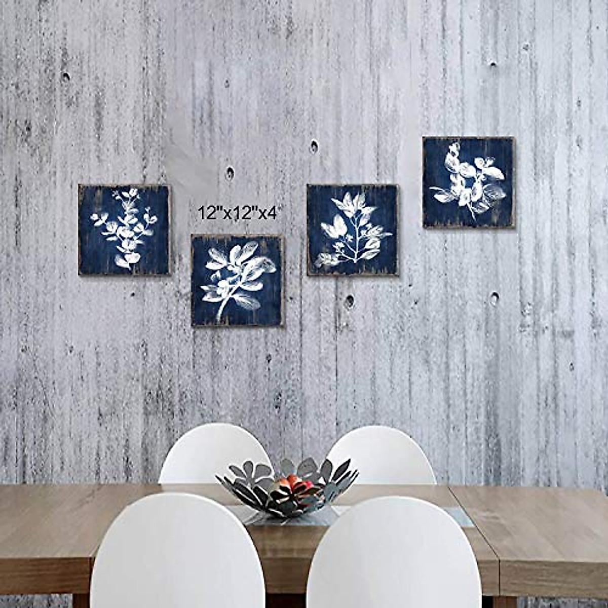 Hardy Gallery White Botanical Wall Canvas Art: Artistic Plant Picture Dark Blue Background Painting for Bathroom (12 x 12 x 4 Panels)