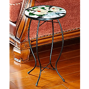 CEDAR HOME Side Table Outdoor Garden Patio Metal Accent Desk with Round Hand Painted Glass, Yellow