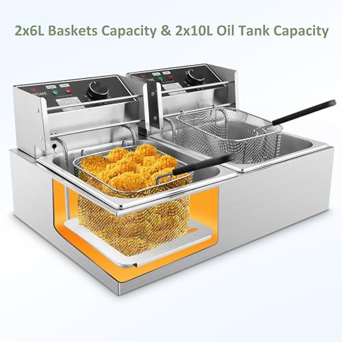 Commercial Deep Fryer, 3400W Electric Deep Fryers with 2x6.35QT Baskets 0.8mm Thickened Stainless Steel Countertop Oil Turkey Fryer 20.7QT Large Capacity with Temperature Limiter