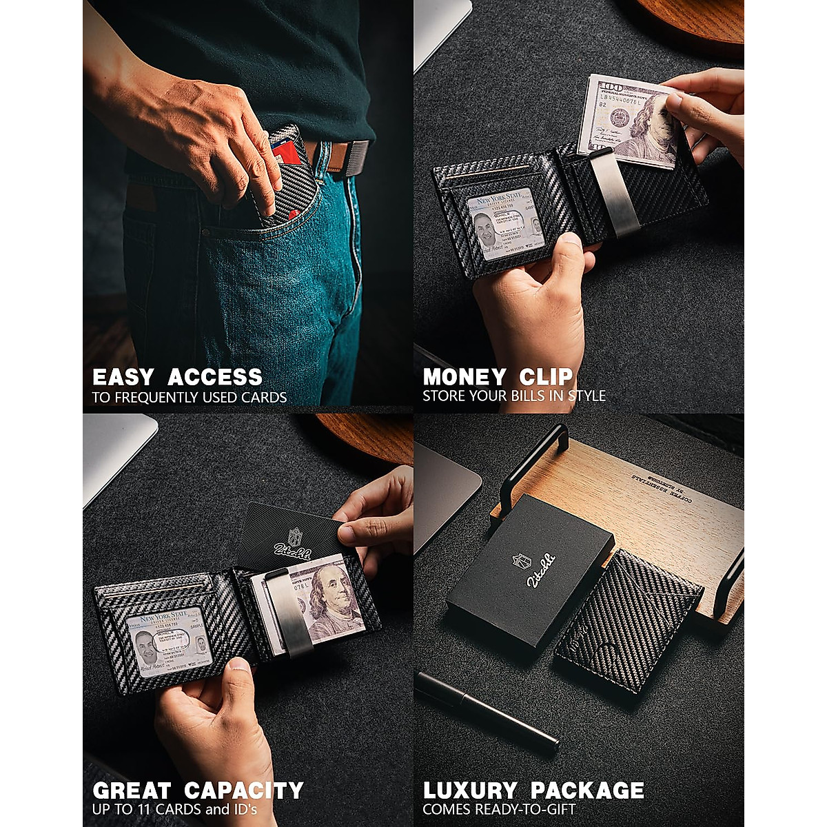 Zitahli Wallet for Men - with Money Clip Slim Leather Slots Credit Card Holder RFID Blocking Bifold Minimalist Wallets with Gift Box