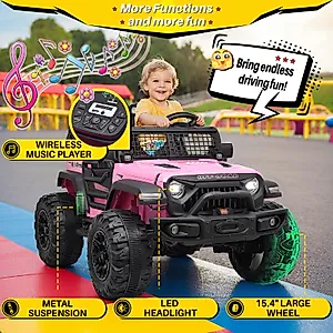 Blitzshark 24V MAX Ride-on Truck 2 Seater 4WD Kids Electric Vehicle 4x4 XXL Battery Powered Car, with 480W Ultra Powerful Motor, 7AH Battery, Remote Control, Full-Metal Suspension& DIY Sticker, Pink
