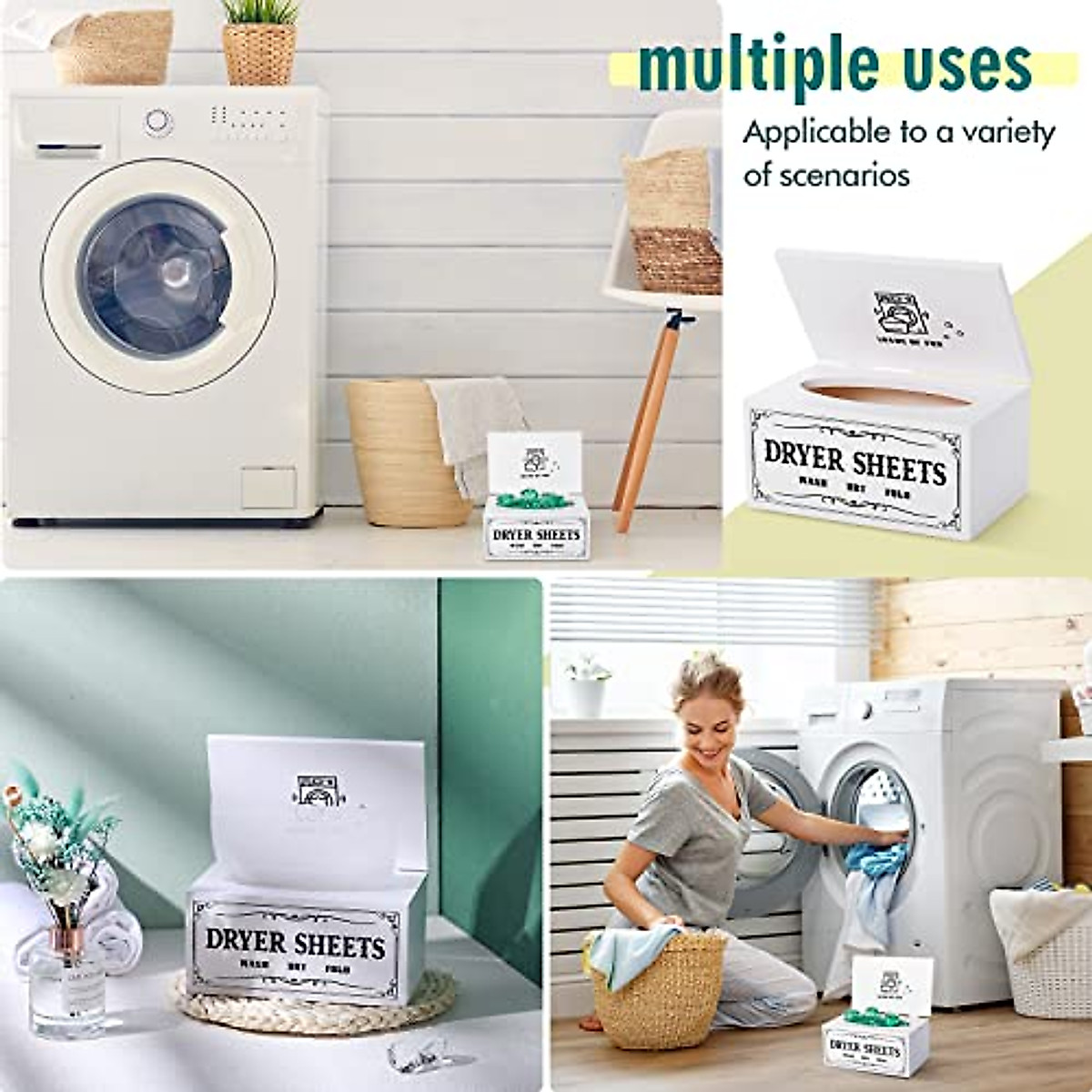 Laundry Dryer Sheet Holder, Wooden Dryer Sheet Dispenser Farmhouse Dryer Sheet Container with Hinged Lid Rustic Dryer Sheet Box Laundry Storage Products for Laundry Room Fabric Softener Sheets (White)