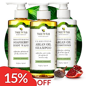 Tree to Tub Sulfate Free Shampoo and Conditioner Set for Oily Hair, Sensitive Scalp & Peppermint Body Wash for Sensitive Skin Dry Skin - pH Balanced Moisturizing Body Wash Shampoo and Conditioner