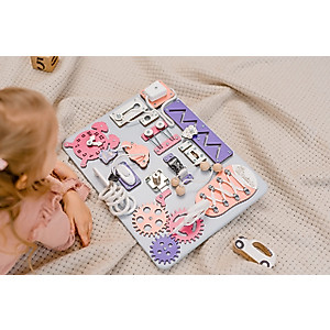 Wooden Busy Board Montessori for Toddlers - Premium Quality - Made in Ukraine with Love - Great Birthday Gift for Boys and Girls, Baby, Kids - Learning, Education, Travel, Activity, Sensory (Bright)