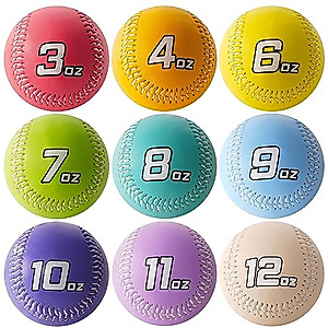 POPFRO Leather Weighted Baseballs Set of 9, 3-12 OZ Ploy Balls for Pitching/Hitting/Throwing/Batting,Practice Baseballs for All Skill Levels