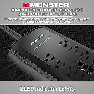 Monster Black Heavy Duty Surge Protector Power Strip 6 ft Cord with 10 120V-Outlet Extension, 2 Ethernet Switch Ports, 4050J Rating, 1 USB-A, and 1 USB-C Charging Ports – Ideal for Computers & Offices