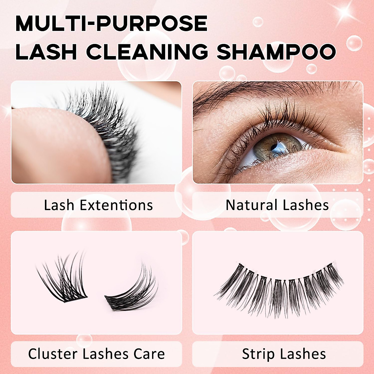 MERETON 150ml Lash Shampoo for Lash Extensions, Eyelash Extension Cleanser Lash Cleaning Kit for Cluster Lashes with Fan+Makeup Pad+Cleaning Brush+100 Pcs Lash Brush+Wash Bottle, Oil Free Foam
