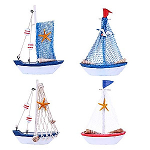 NUOBESTY 4pcs Wooden Mini Sailboat Model Miniature Sailing Boat Ships Nautical Sailboat Decorations for Nautical Beach Coastal Wedding Home Ornaments
