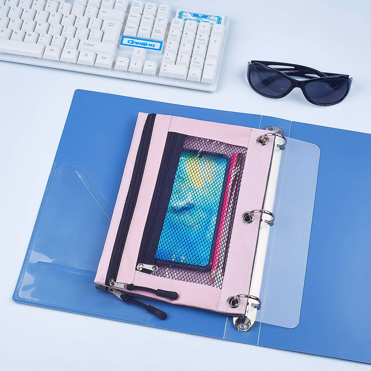 AHOME 3 Ring Binder Pencil Pouchs, Zippered Pencil Pouch Double Pocket Pencil Pouch 3 Ring with Clear Window