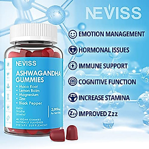Nevissbags Ashwagandha Gummies - 2000mg - with Maca Root, Magnesium, Zinc, Lemon Balm - Vegan, Pure, Organic, Gluten Free - Healthy Stress Relief, Zzz, Stamina, Energy, Relaxation Support - 60 Counts