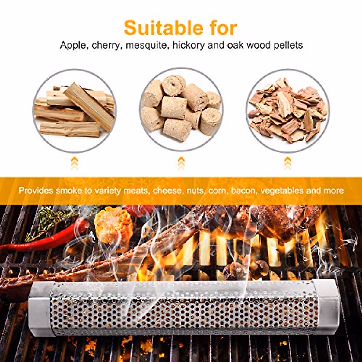 Pellet Smoker Tube, 2 Pack 12'' Stainless Steel BBQ Wood Pellet Tube Smoker with 2 Hooks and 2 Brushes for Cold/Hot Smoking