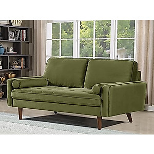 Container Furniture Direct Velvet 58" Loveseat Sofa Couch for Living Room, Classic Mid-Century Style with Modern Silhouette, Button Tufting and Wood Legs, Includes 2 Bolster Pillows, Olive Green