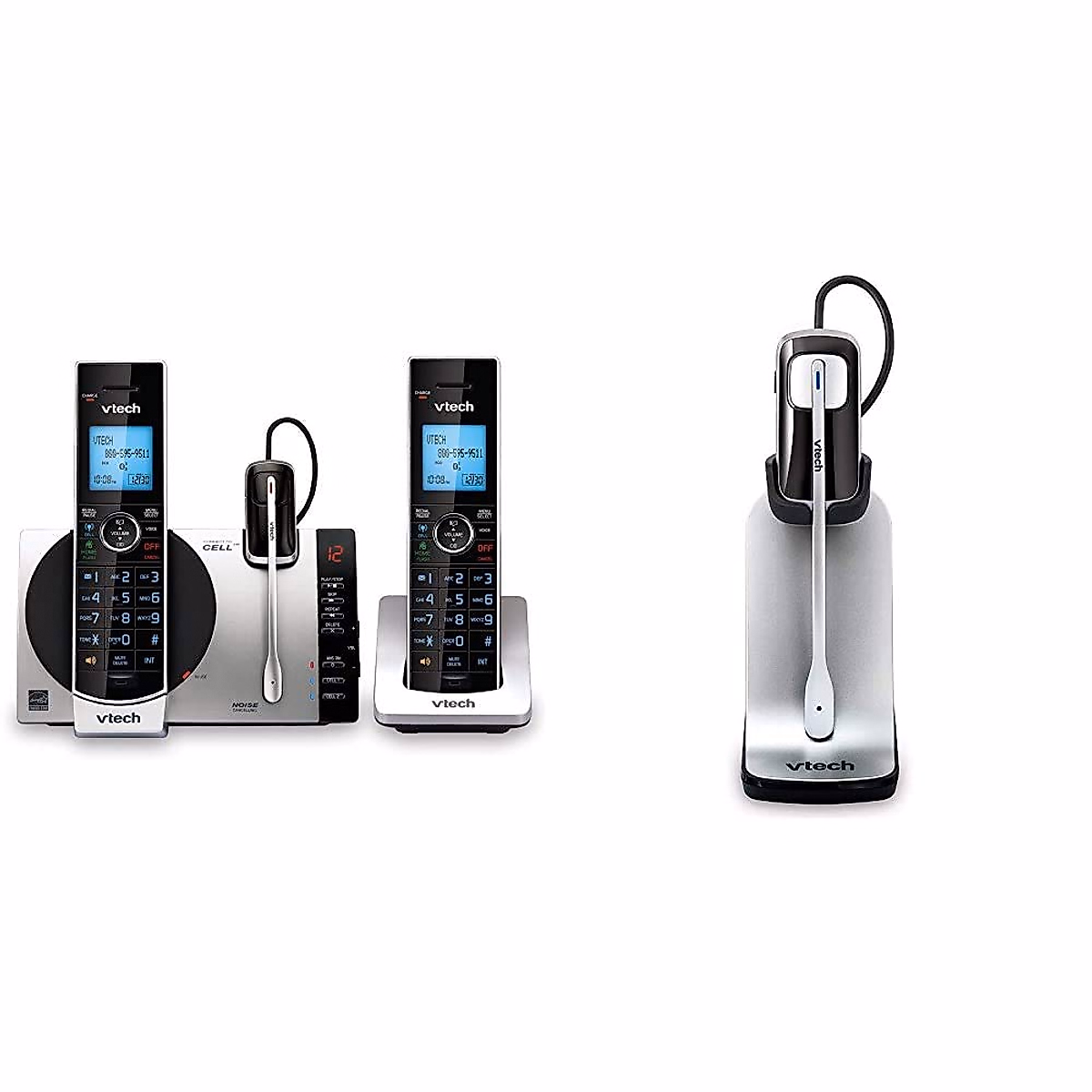 VTech Connect to Cell DS6771-3 DECT 6.0 Cordless Phone - Black, Silver, 6.9" x 4" x 6.6" & Accesssory Cordless Headset