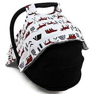 Dear Baby Gear Car Seat Canopy, Woodland Adventure Bear Moose Plaid, Minky Grey