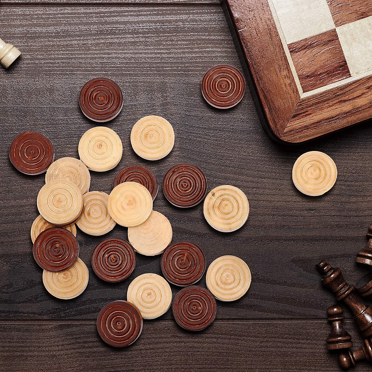 48 Pieces Wooden Checkers 1.06 Inch Wooden Checkers Pieces with Stackable Ridge in Drawstring Storage Pouch Red Black Dark Brown Wood Color (Dark Brown, Natural Color)