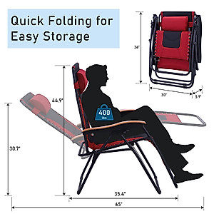 PHI VILLA XXL Oversized Padded Zero Gravity Chair, Foldable Patio Recliner, 30" Wide Seat Anti Gravity Lounger with Cup Holder, Support 400 LBS (Red)