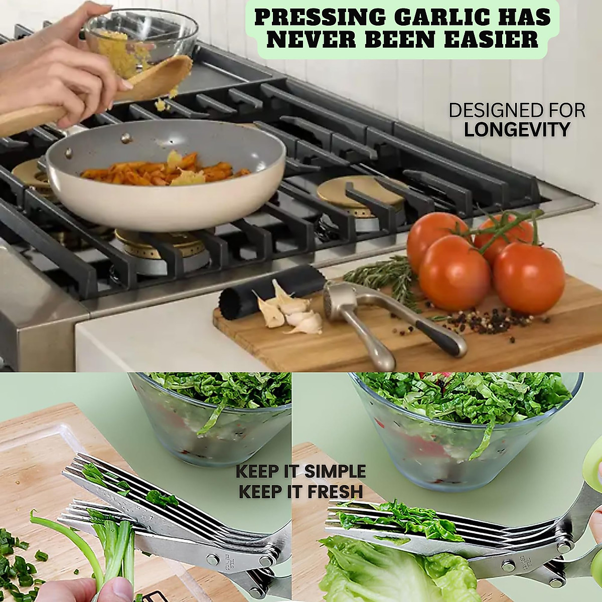 Premium Garlic Press Set - Easy to Squeeze Ergonomic Handle Garlic Crusher - Rust Proof & Dishwasher Safe Garlic Mincer Tool, Garlic Press Stainless Steel, Garlic Peeler & Brush (Chrome Silver)