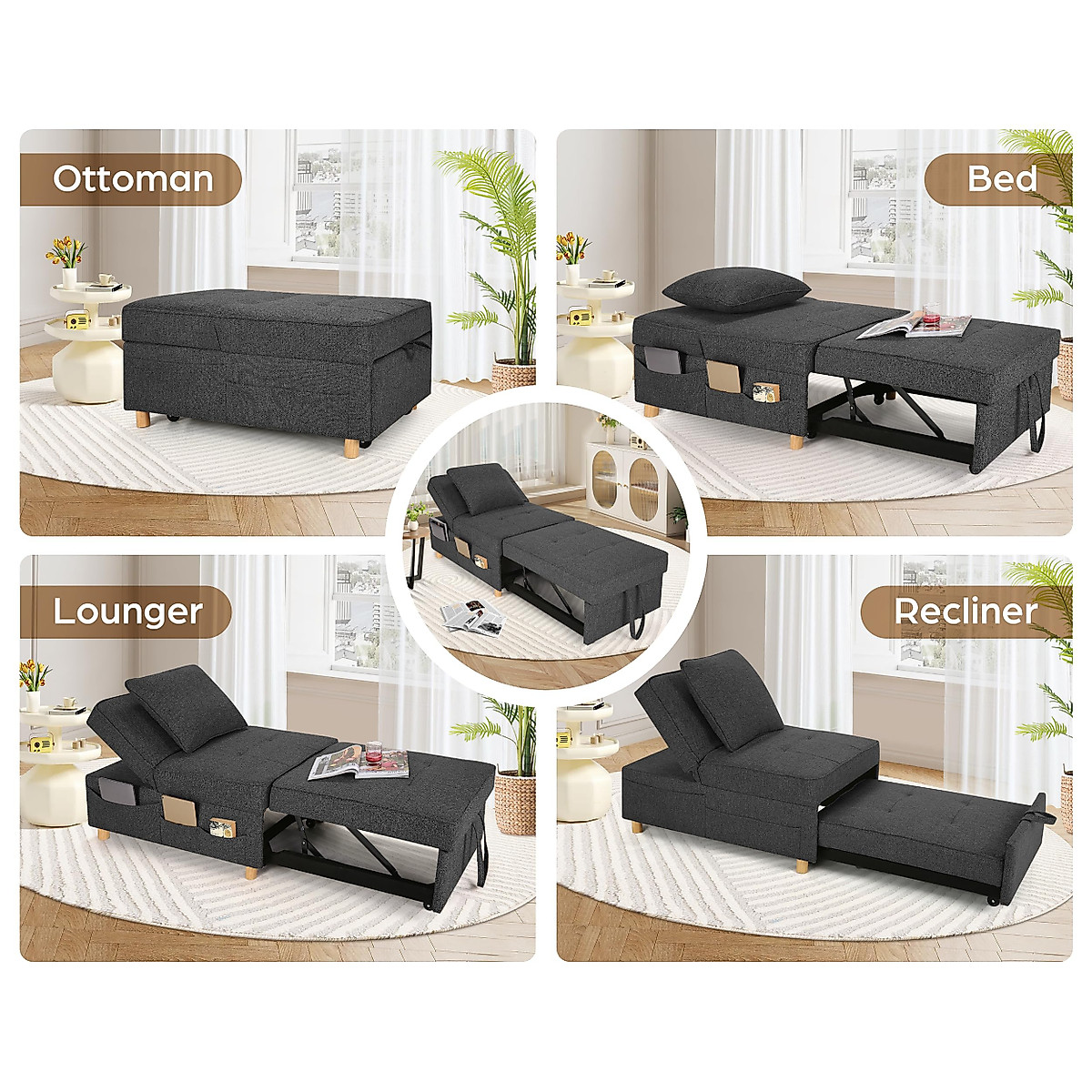 SEJOV Sleeper Sofa Chair Bed,4-in-1 Convertible Sofa Bed Chair with 6 Adjustable Backrest and Pillow, 3-Seat Pull Out Sleeper Bed Linen Fabric Modern for Bedroom Small Space Living Room Office, Black