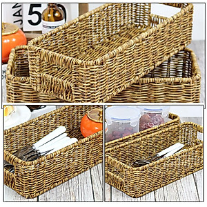 BESTonZON Plastic Woven Storage Basket Rattan Kitchen Cutlery Holder Stand Silverware Basket Kitchen Utensil Drawer Organizer Farmhouse Serving Basket for Kitchen Office