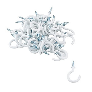 Antrader 50 Pack White Vinyl Coated Screw-in Ceiling Hooks Nickel Plated Metal Cup Hooks 1-4/5 Inch Long