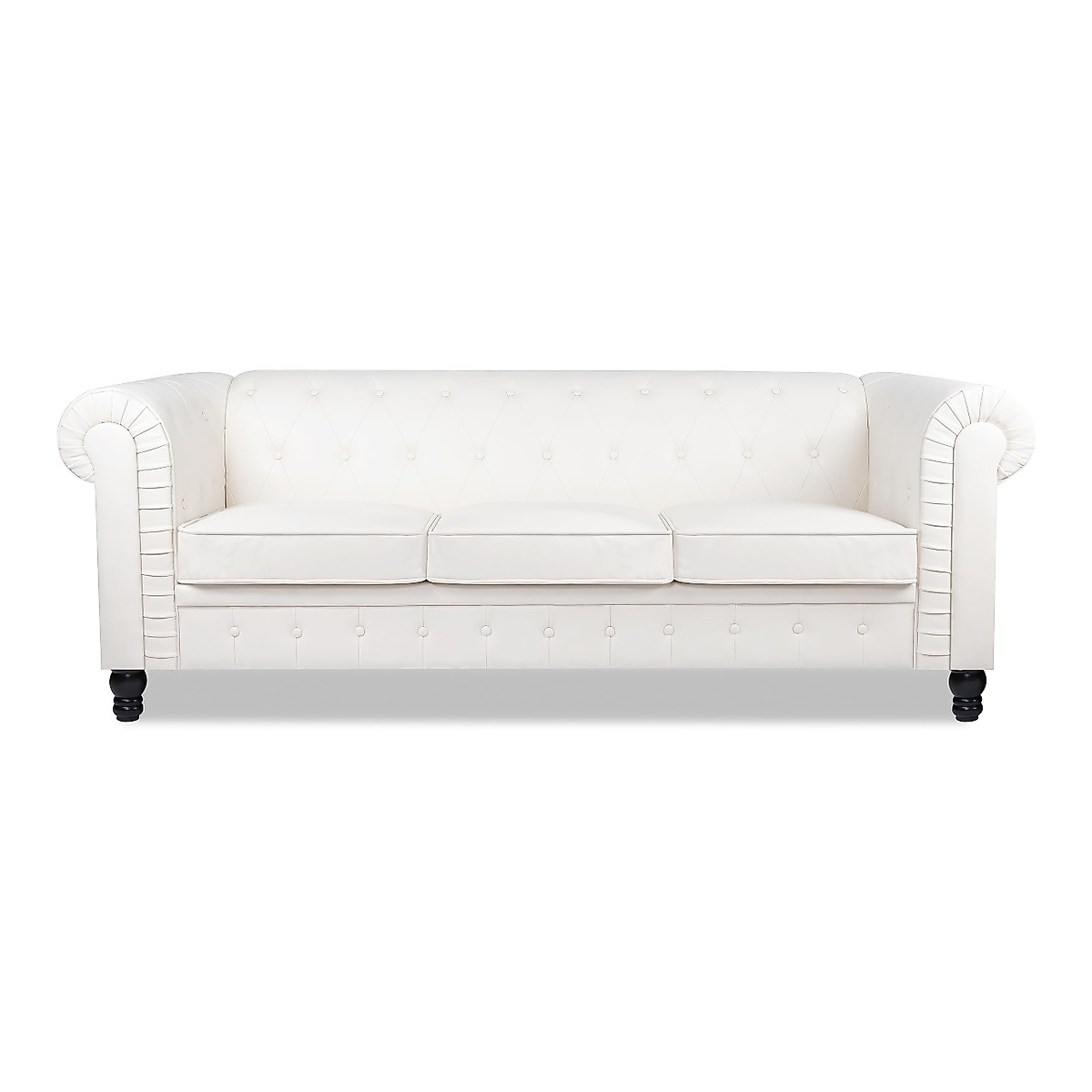 Naomi Home Emery Chesterfield Sofa with Rolled Arms, Tufted Cushions / 3 Seater Sectional Sofa Couch for Small Spaces, Living Room, Bedroom, Apartment Easy Tool-Free Assembly - White, Air Leather
