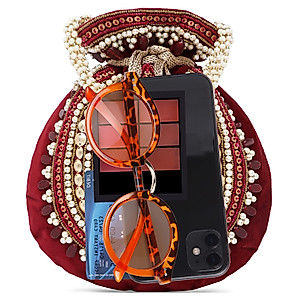 Aheli Gold Potli Bags Gift for Women Evening Bag Clutch Ethnic Bride Purse with Drawstring