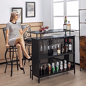 Giantex 4-Tier Home Bar Unit, Home Bar Cabinet w/ 2 Wine Storage Shelves & 6 Stemware Holders, Metal Front & Footrest, 7 Adjustable Feet, Industrial Metal Wine Bar Table for Kitchen, Pub, Black