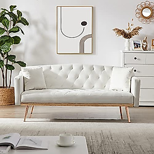Yoglad Convertible Sofa with Pillow, Upholstered Recliner Couch, Futon Loveseat with Metal Legs, Daybed Sleeper for Living Room (White, 64" Velvet, Hill-Shaped Backrest)