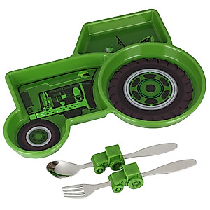 Funwares Green Tractor Engaging Kids' Dinnerware Set: Durable, Divided Plate, Fun Fork and Spoon, Ideal for Picky Eaters, Educational Mealtime, Easy Cleaning, Gift for Toddlers