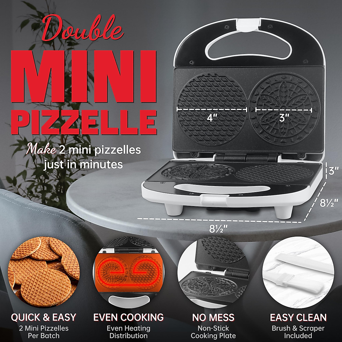 SugarWhisk Mini Pizzelle Maker Machine with a 3'' Cutter, Mini Stroopwafel Iron, Bake 2 x 4'' Pizzelles or 3'' Stroopwafels, Excellent for Holiday, Party, Dessert Treat Making & More