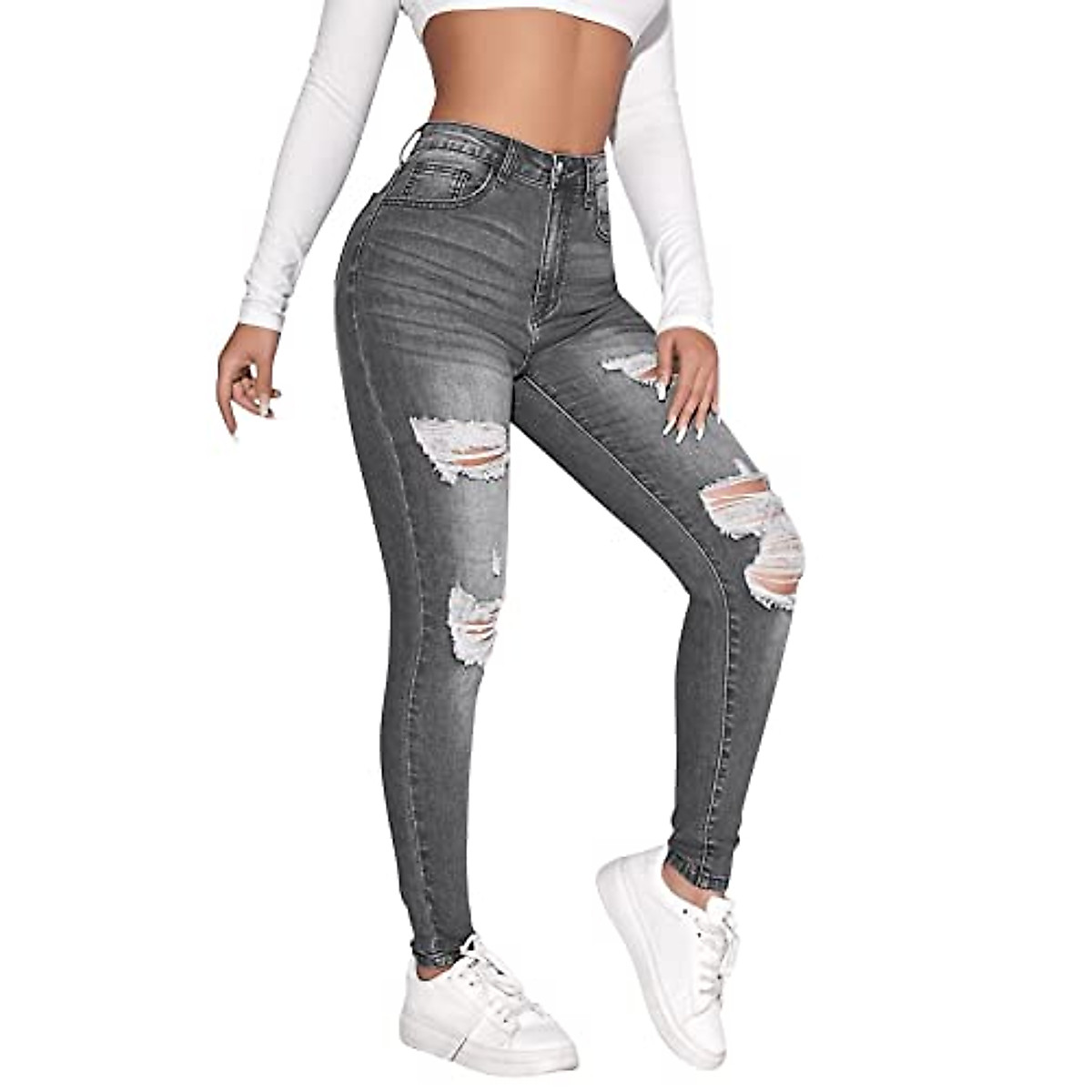 SweatyRocks Women's Casual High Rise Ripped Jeans Zipper Fly Skinny Denim Pants Grey M