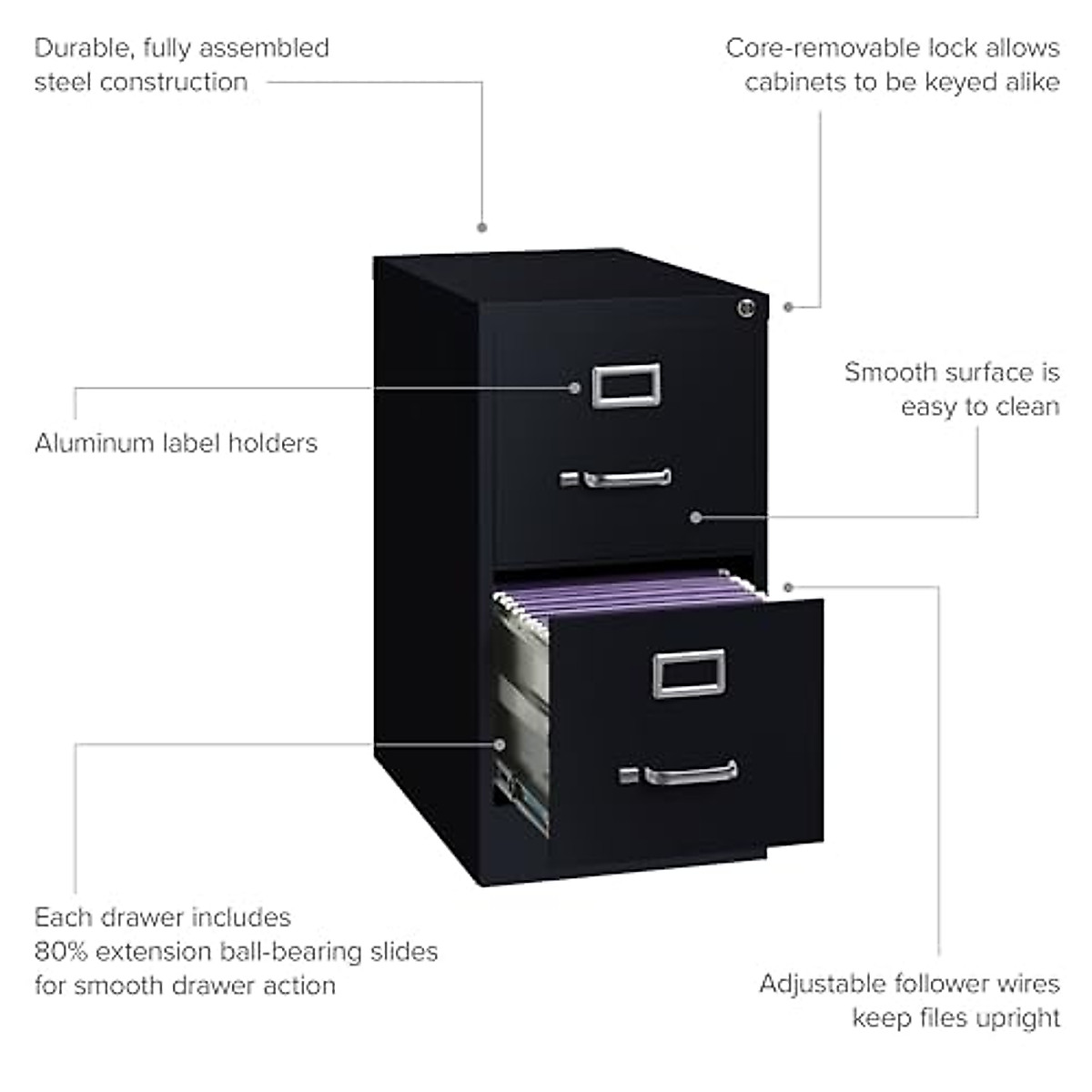 Hirsh Industries Vertical Letter File Cabinet, 2 Letter-Size File Drawers, Black, 15 x 22 x 28.37