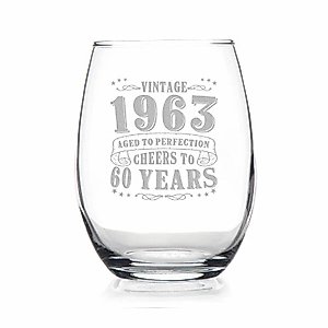 JohnPartners993 60Th Birthday Aged To Perfection - Vintage 1963 Engraved Wine Glass - 1963 60Th Birthday Gifts For Men - Vintage Wine Glasses - Present Ideas For Her Him