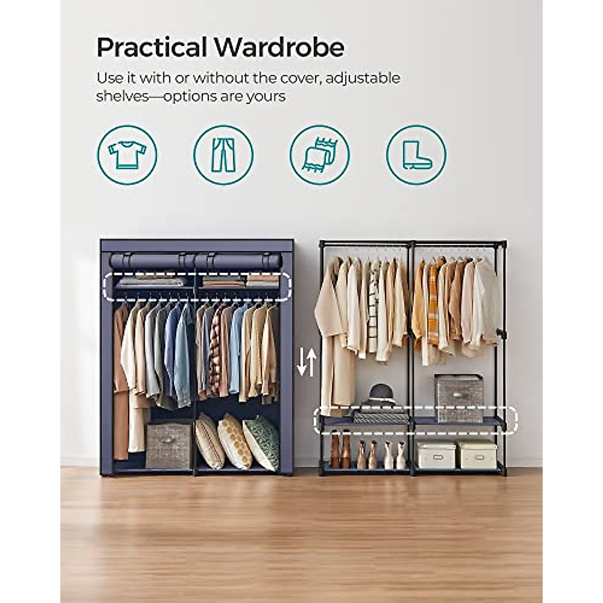 SONGMICS Closet Wardrobe, Portable Closet for Bedroom, Clothes Rail with Non-Woven Fabric Cover, Clothes Storage Organizer, 55.1 x 16.9 x 68.5 Inches, Dark Blue URYG002I02