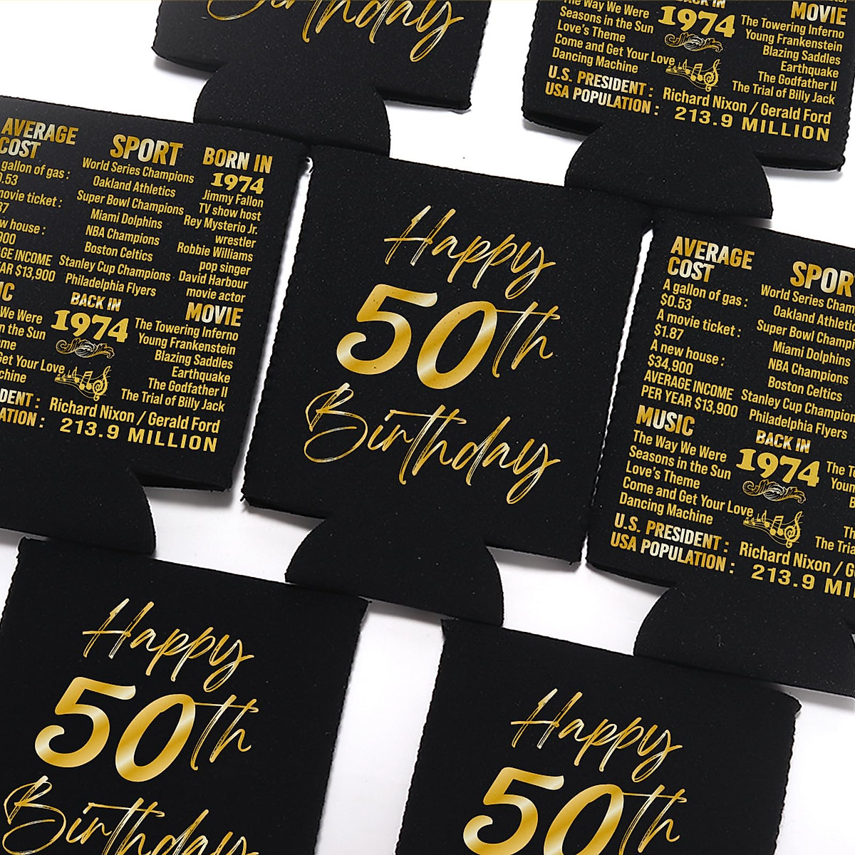 BackURyear 50th Birthday Decorations for Women men, 50 Years Old Birthday Decor, Fifty Birthday Party Supplies, 50th Birthday Party Beverage Can Cooler Sleeves, Black & Gold (12 Pcs)