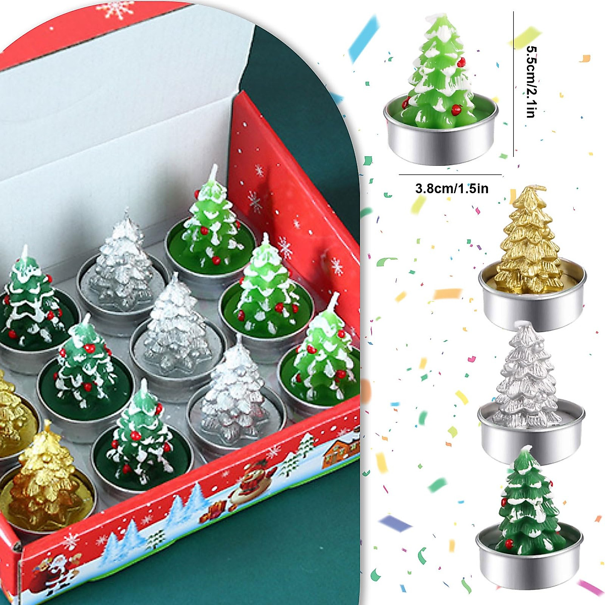 12 Pieces Christmas Tealight Candles - Christmas Candle Set Handmade Delicate Santa Claus Snowman Christmas Tree House Candles Xmas Party Supplies for Home Decoration Gifts (Christmas Tree Candle)