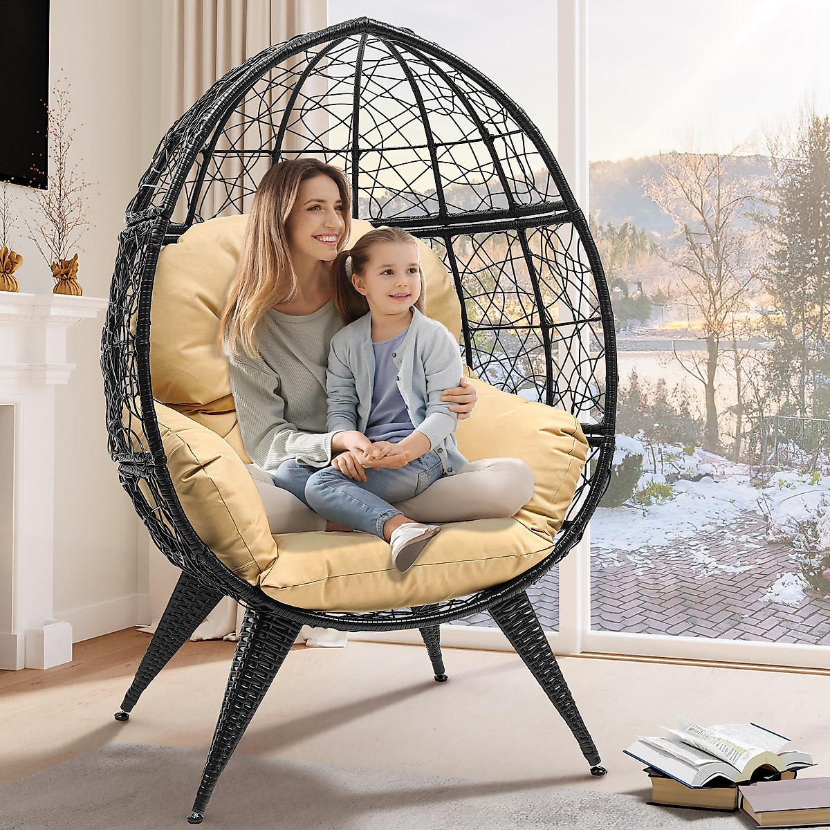 YITAHOME Egg Chair Wicker Outdoor Indoor Oversized Large Lounger with Stand Adjustable Leveling Feet Cushion Egg Basket Chair 350lbs Capacity for Patio, Garden Backyard Balcony, Beige