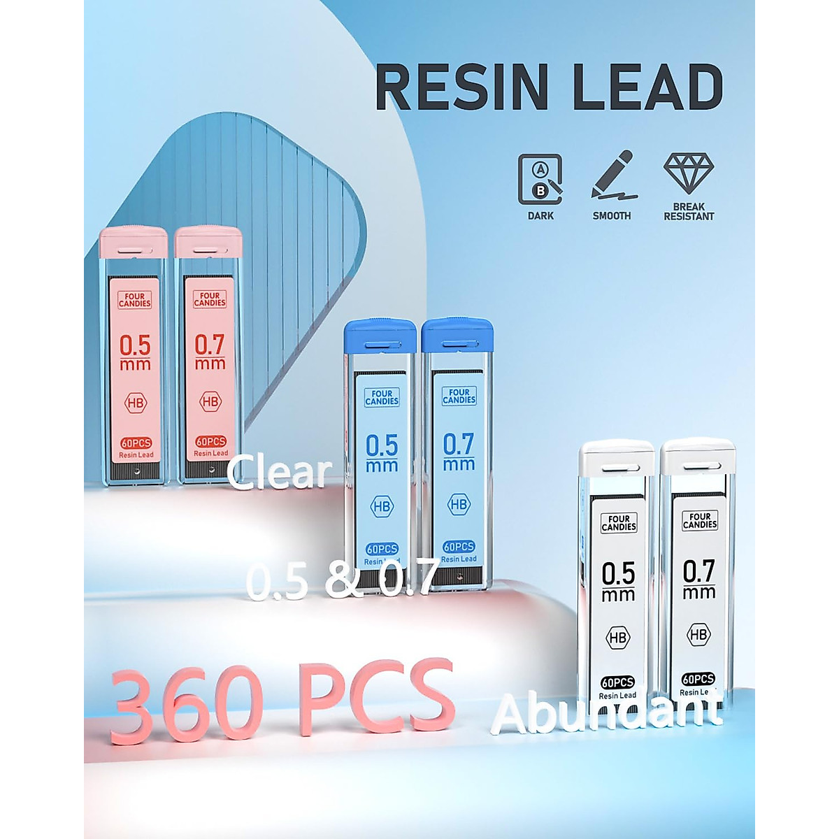 Four Candies Mechanical Pencil Set with Case, 6PCS Aesthetic Mechanical Pencils 0.5 & 0.7mm with 360PCS HB Lead Refills, 3PCS Erasers, 9PCS Eraser Refills for writing, drawing and sketching