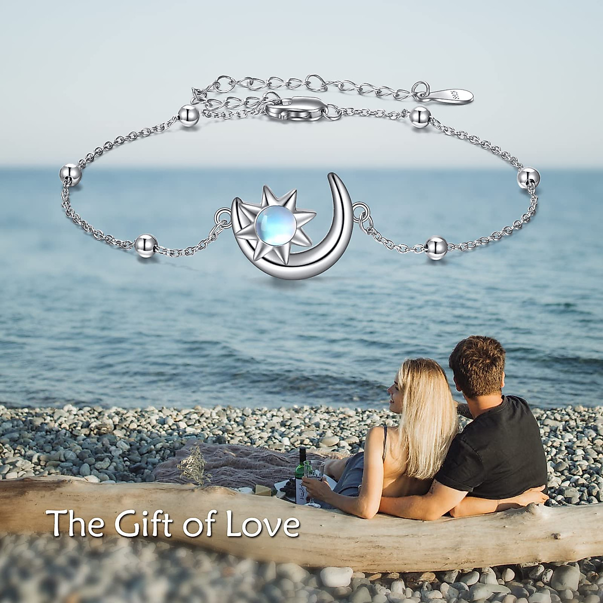 KQF Moon Star Bracelet for Women Sterling Silver Moonstone Crescent Moon Link Chain Bracelet Jewelry for Teen Girls Girlfriend