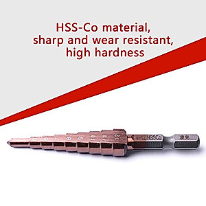 ATOPLEE 1pc Cobalt Step Drill Bit,M35 5% HSS Co,Spiral Flutes and 1/4 Inch Hex Shank,Unibit Step Bit for Hole Drilling in Metal, Copper, Aluminum, Wood, Plastic,9 Steps,4-12mm