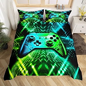 Gamepad Bedding Sets for Boys,Reversible Gaming Duvet Cover Set Twin Size,Video Games Geometry Comforter Cover,Bed Set for Kids Bedroom,Gamepad Controller,2 Pcs with 1 Pillow Case,Blue Green Neon