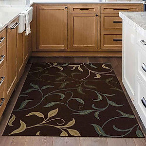 Machine Washable Leaves Design Non-Slip Rubberback 5x7 Traditional Area Rug for Living Room, Bedroom, Kitchen, 5' x 6'6", Brown