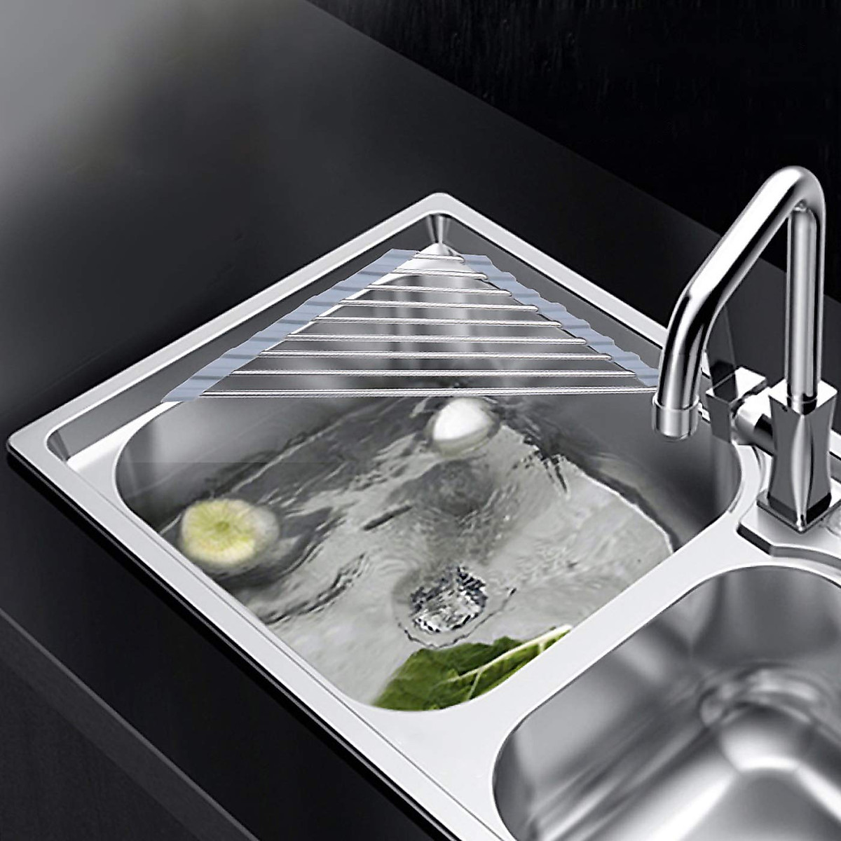 AAKitchen SUS304 Stainless Still Dish Drying Rack Over Sink Corner Dish Rack Kitchen Gadget Tool Sink Caddy Corner Sink Drainer (Gray)