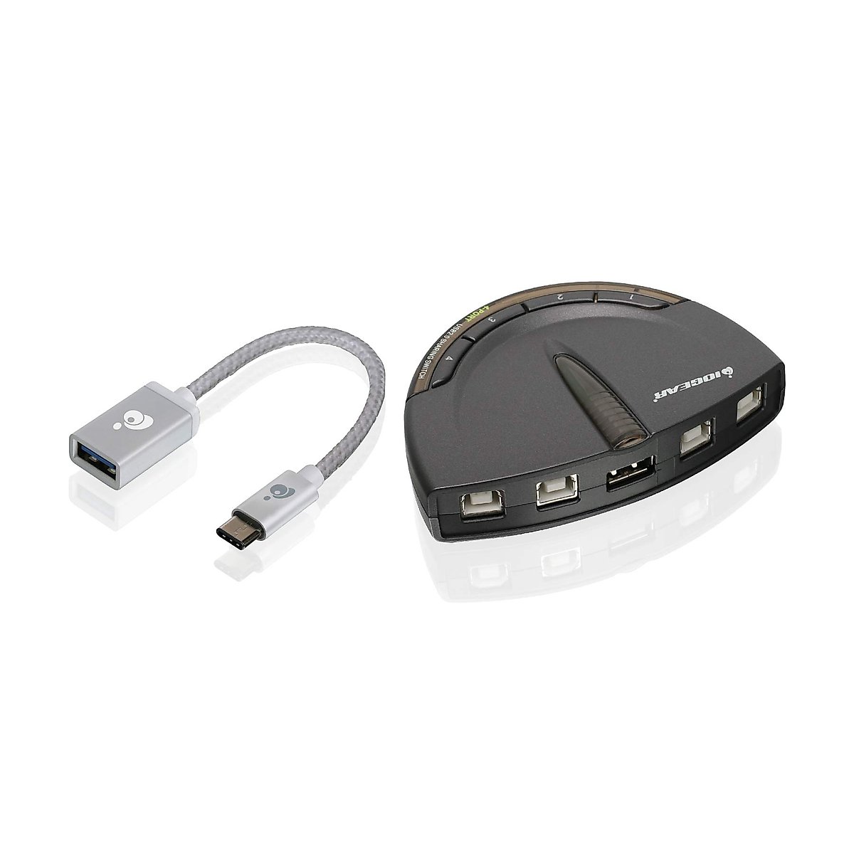 IOGEAR 4 Port USB 2.0 Switch - Auto Printer Switch - USB-A to USB-C Adapter Kit - Manually or Auto Control - LEDs Indicate - Plug N Play - GUB431CA1KIT
