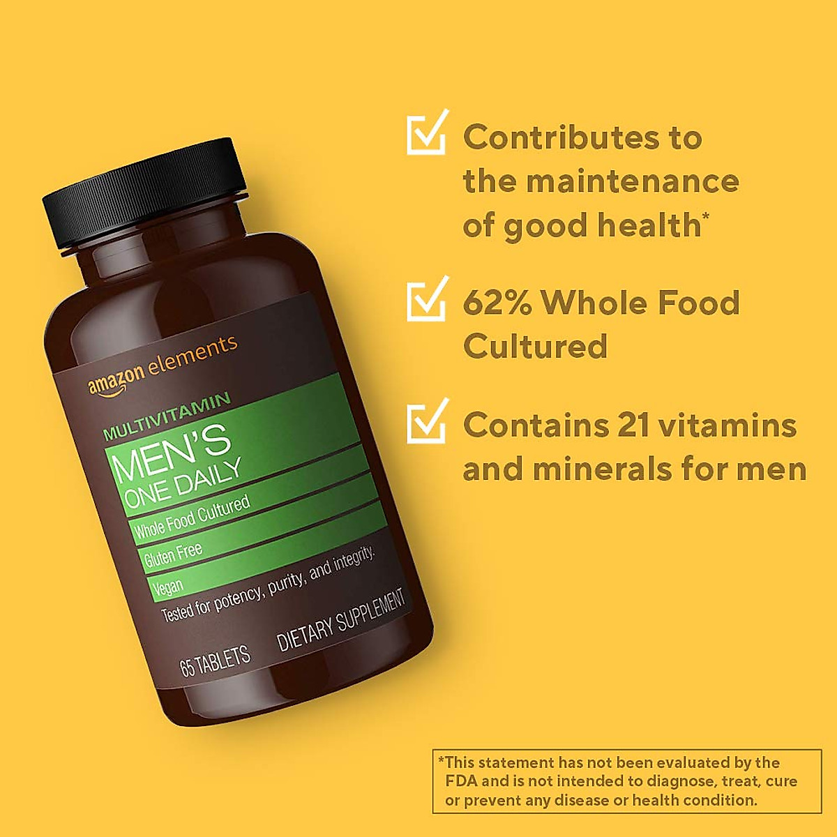 Amazon Elements Men’s One Daily Multivitamin, 62% Whole Food Cultured, Vegan, 65 Tablets, 2 month supply (Packaging may vary)