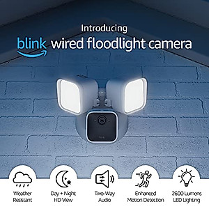 Blink Wired Floodlight Camera – Smart security camera, 2600 lumens, HD live view, enhanced motion detection, built-in siren, Works with Alexa – 1 camera (White)